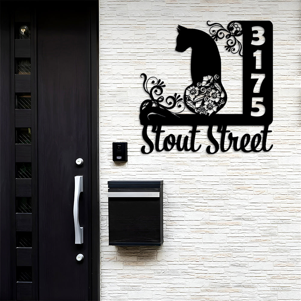 Cat Lovers Metal House Number Sign with Vertical Number and Street Add ...