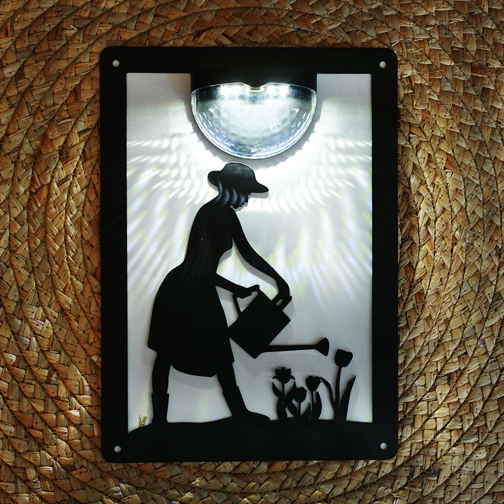 Watering Flowers Metal Wall Art With Solar Light Solar Wall Plaques ...