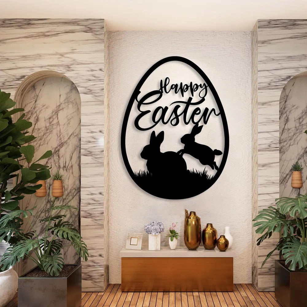 Happy Easter Bunny Silhouette Sign Metal Wall Art Decoration ...