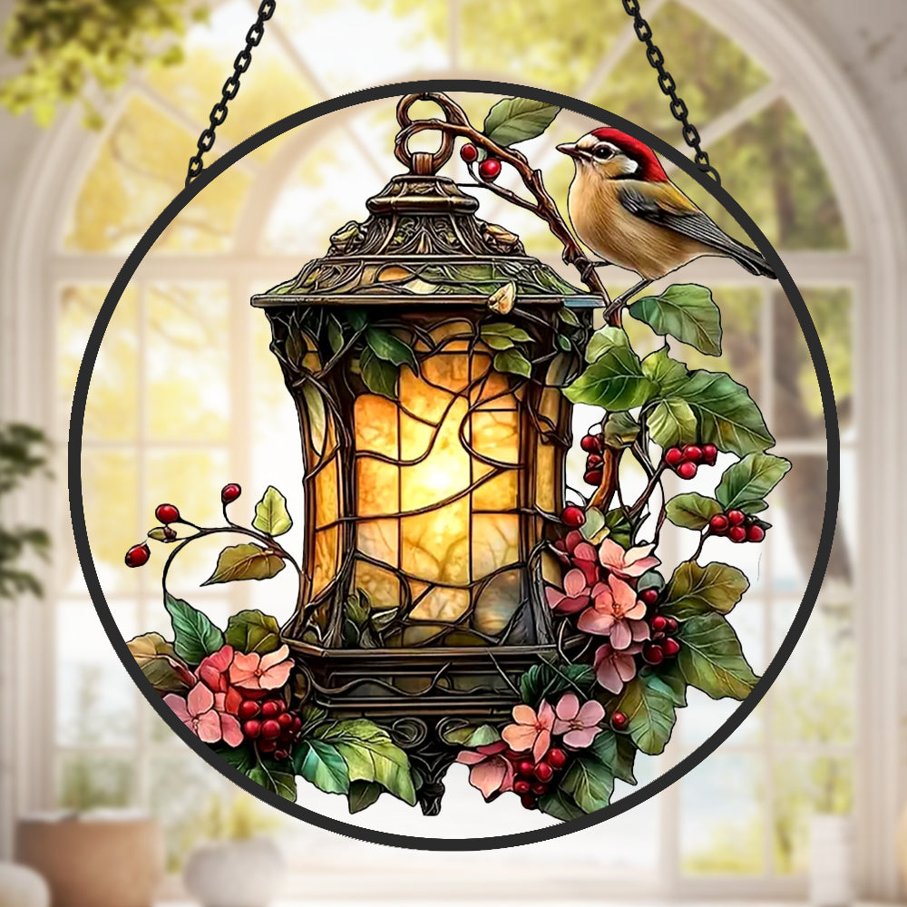 Robin Bird and Lantern Sun Catcher Decoration Stained Glass Window Han ...